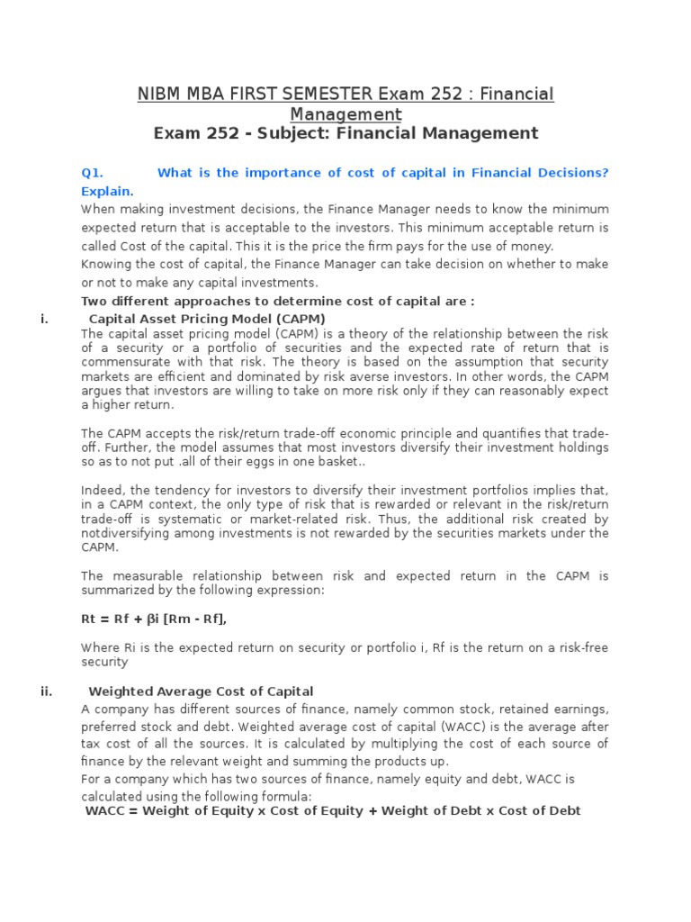 NIBM Exam | PDF | Cost Of Capital | Capital Asset Pricing Model