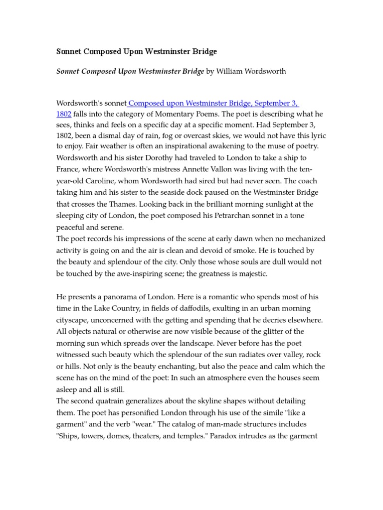 Sonnet Composed Upon Westminster Bridge | PDF | William Wordsworth | Poetry
