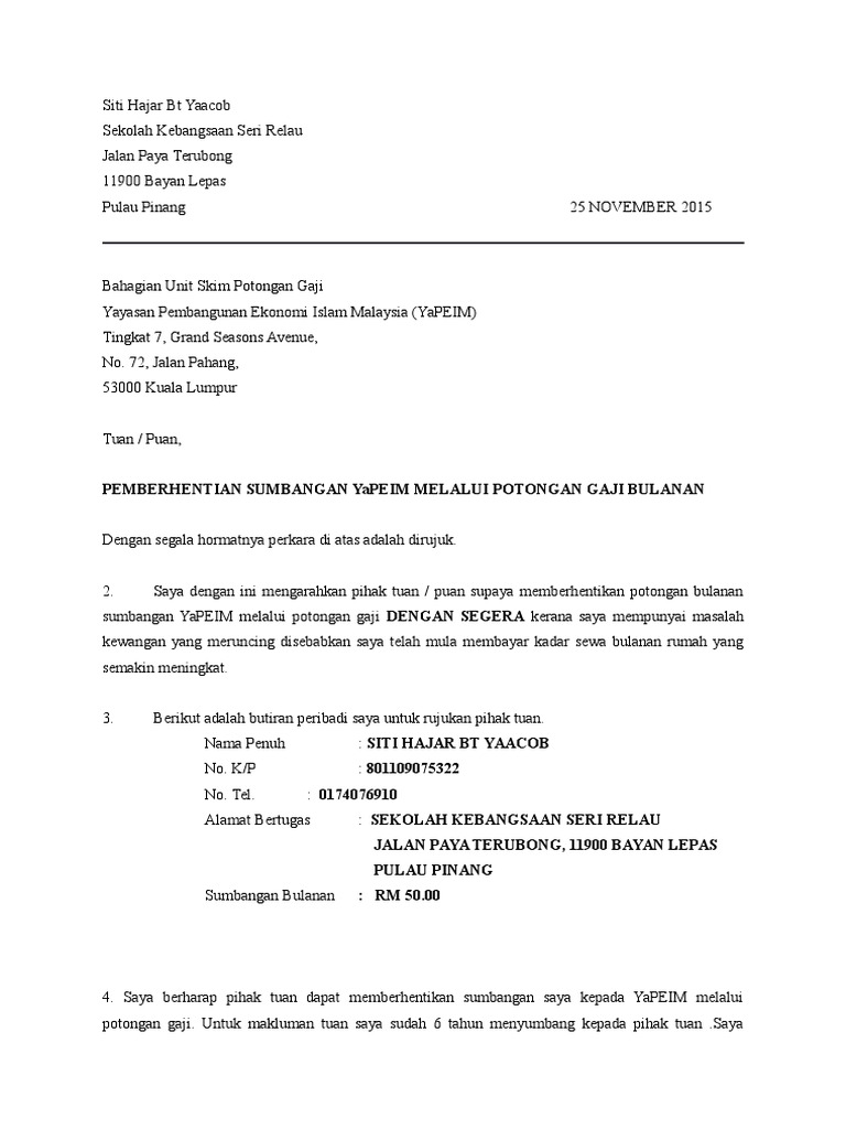 Contoh Surat Berhenti Potongan Yapeim - LoganjoysCordova