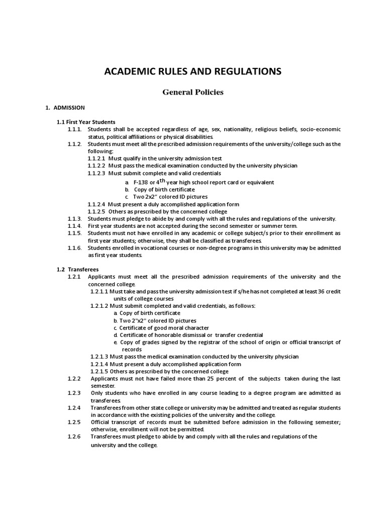 Academic Rules and Regulations | University And College Admission ...