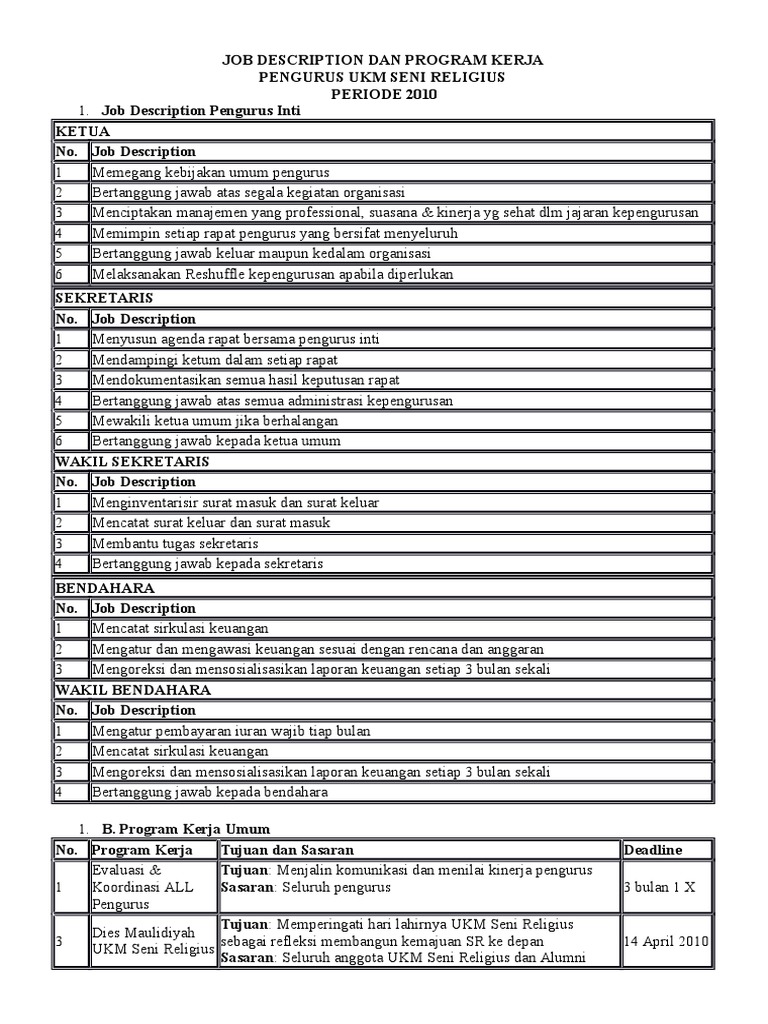 Deskripsi Pekerjaan dan Program Kerja UKM | PDF
