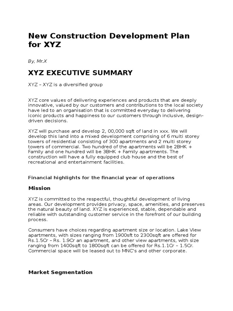 New Construction Development Plan For XYZ | PDF | Income Statement ...