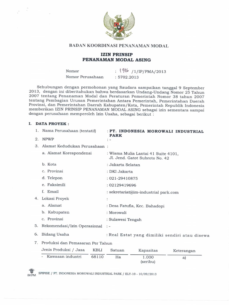 Izin Prinsip Pma PT Imip, 12 Sep 13 | PDF