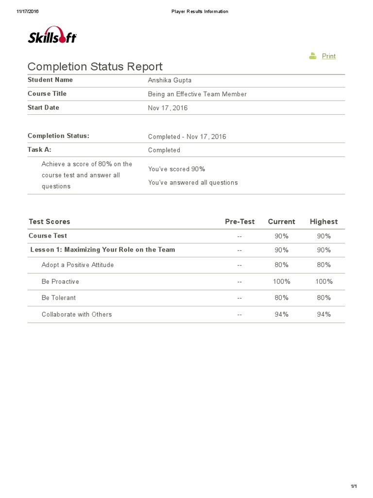 Completion Status Report: Test Scores Pre Test Current Highest | PDF