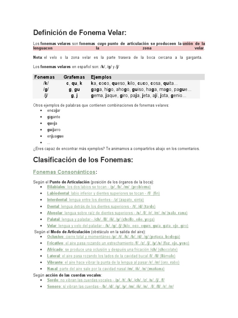 Definición de Fonema Velar | PDF