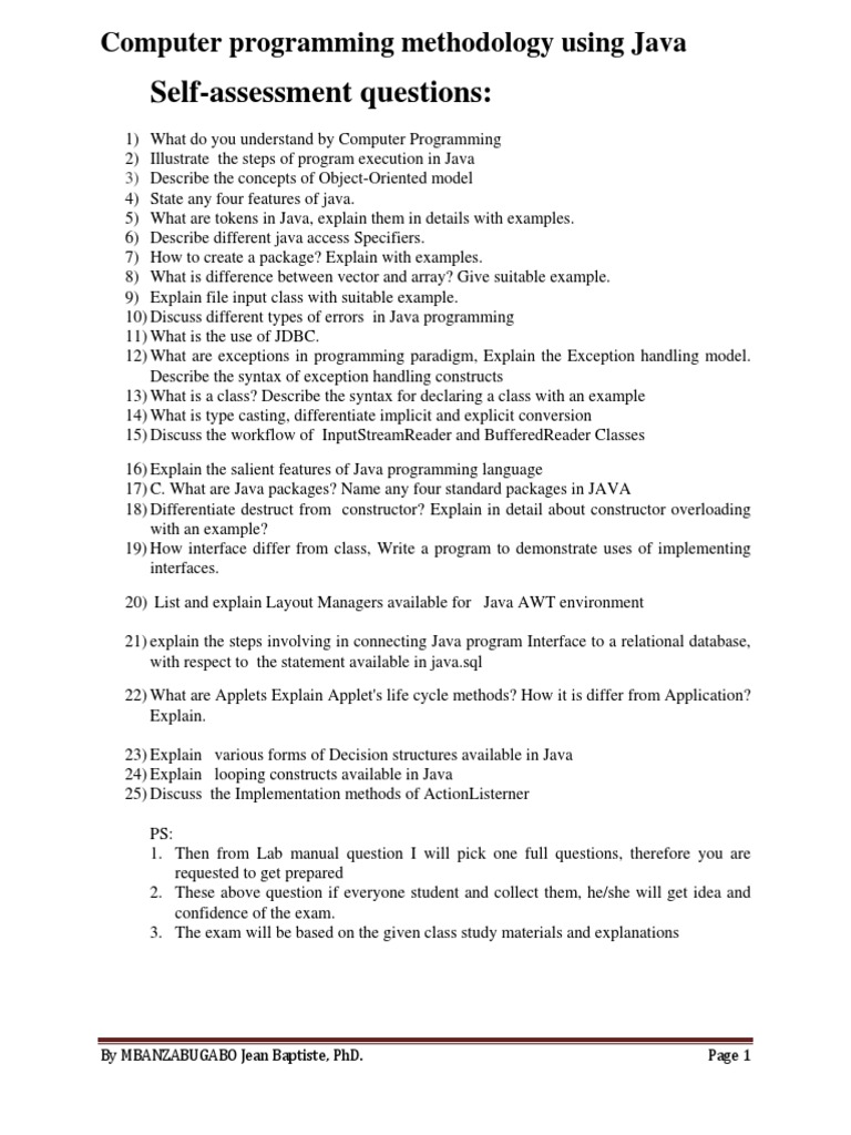 Self Assessment Questions For Computer Programming With Java | PDF