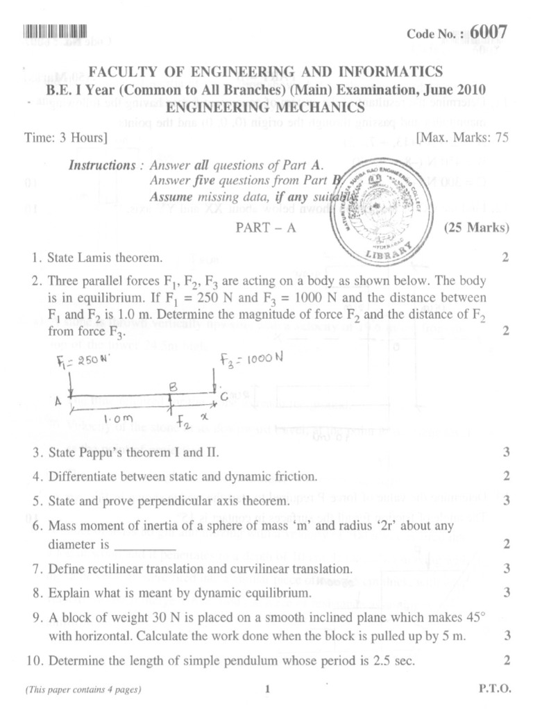 be engineering mechanics osmania university question papers | Force | Mass