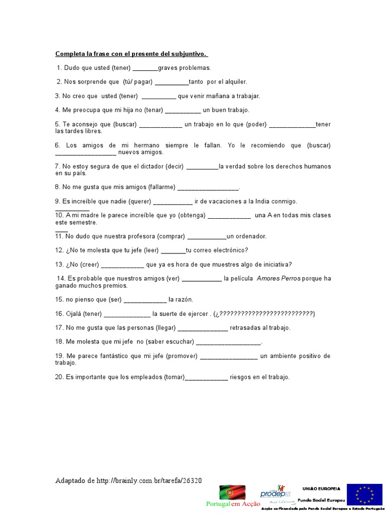 Ejercicios Presente de Subjuntivo | PDF | Juegos y actividades