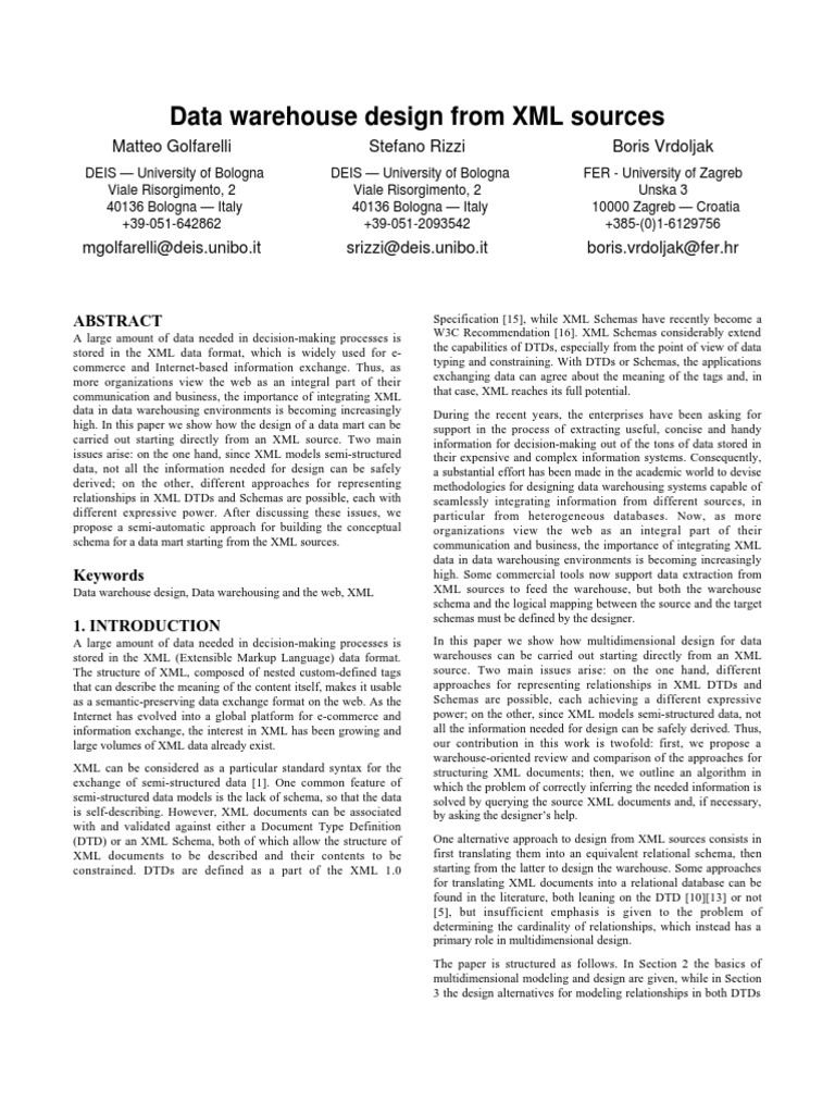 Data Warehouse Design From XML Sources: Matteo Golfarelli Stefano Rizzi ...