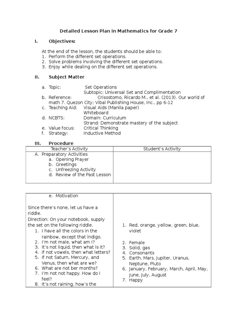 A Detailed Lesson Plan in Geometry-Universal Set, Complimentation | PDF ...