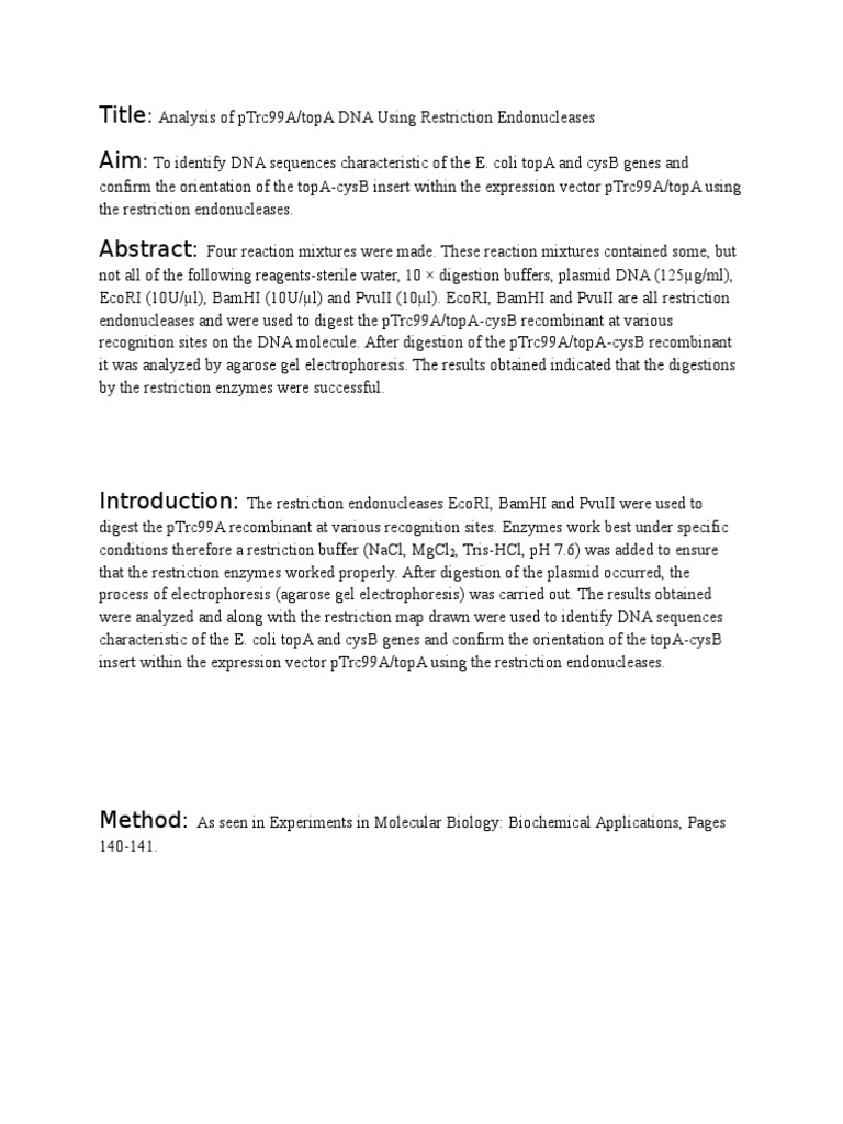 Molecular Biology Experiment 2 | PDF | Restriction Enzyme | Gel ...