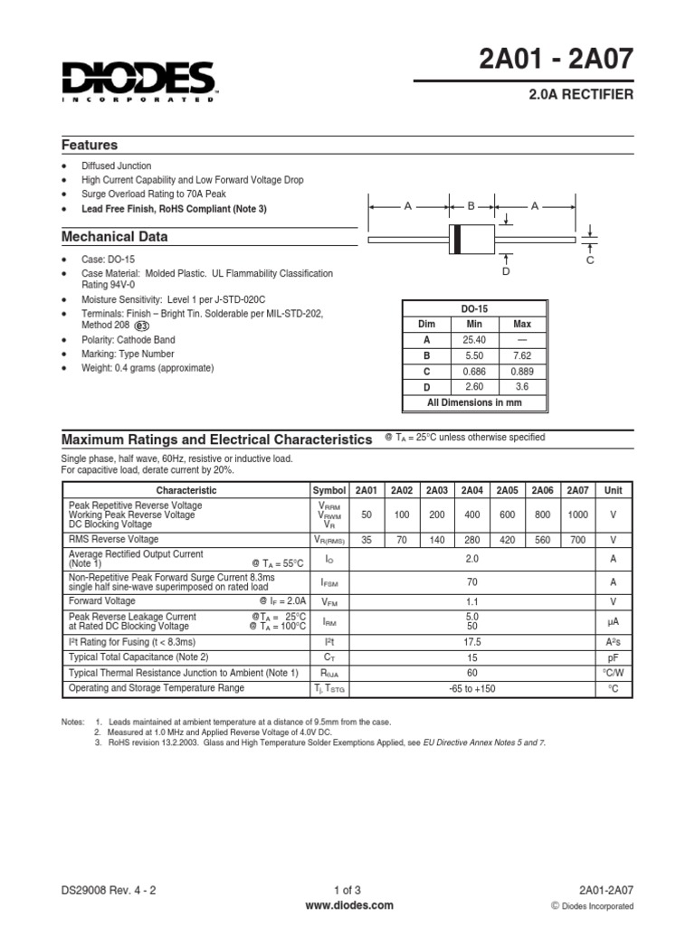 Diode 2A01-2A07 (Data Sheet) | PDF | Rectifier | Diode