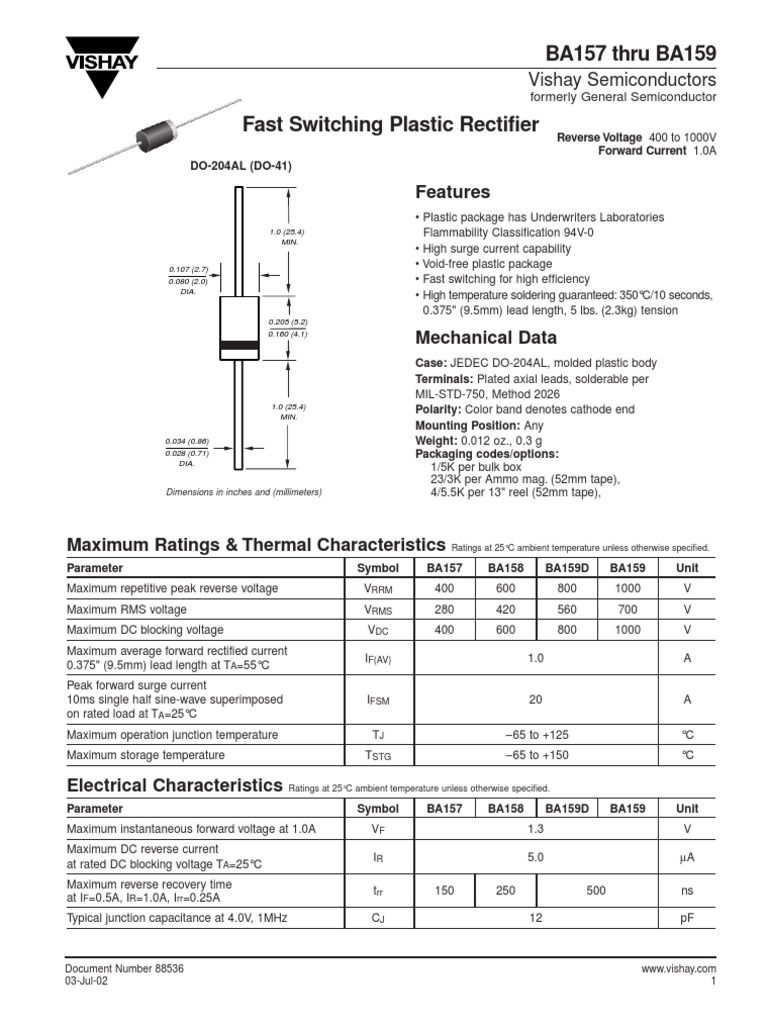 Diode ba157 - BA159 (Data Sheet) | Rectifier | Capacitor