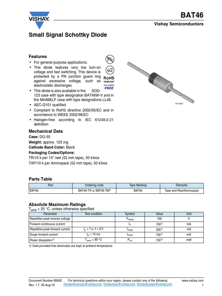 Diode Bat46 (Data Sheet) | PDF | Diode | Electrical Engineering