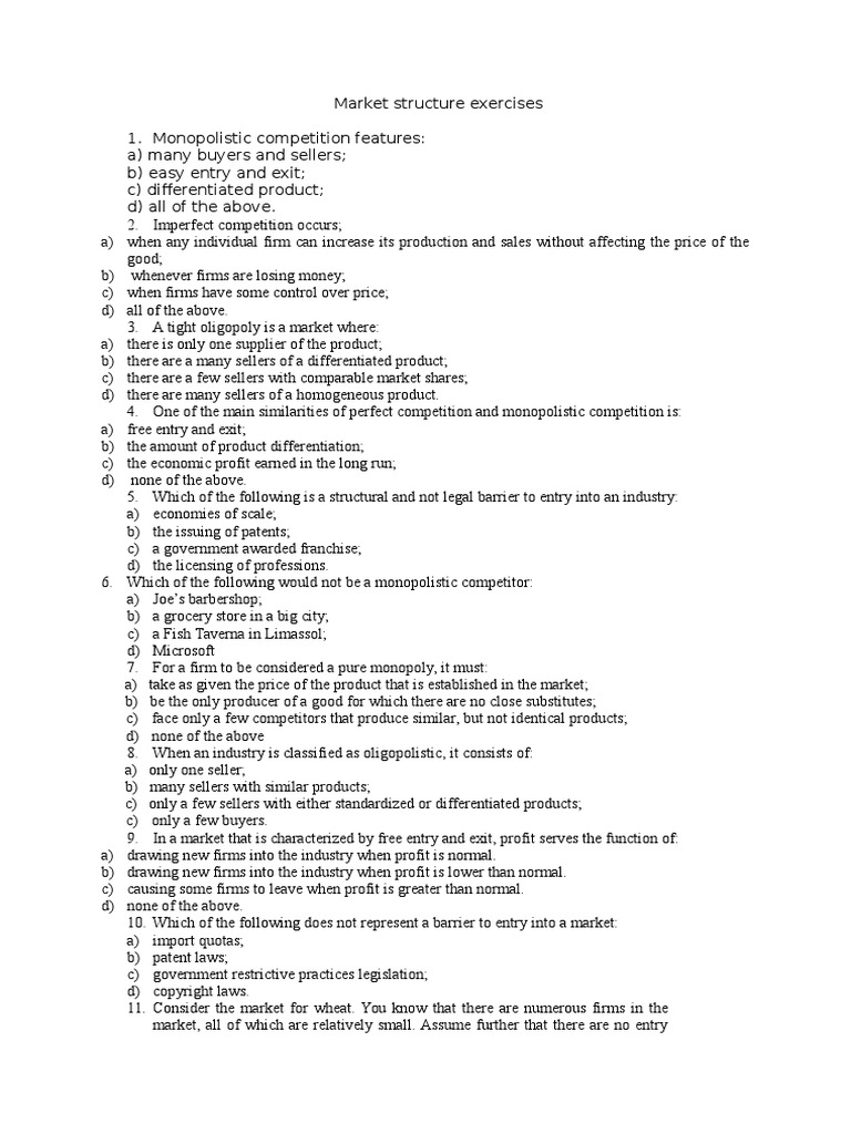 Market Structure Exercises and Answers | PDF | Monopoly | Oligopoly