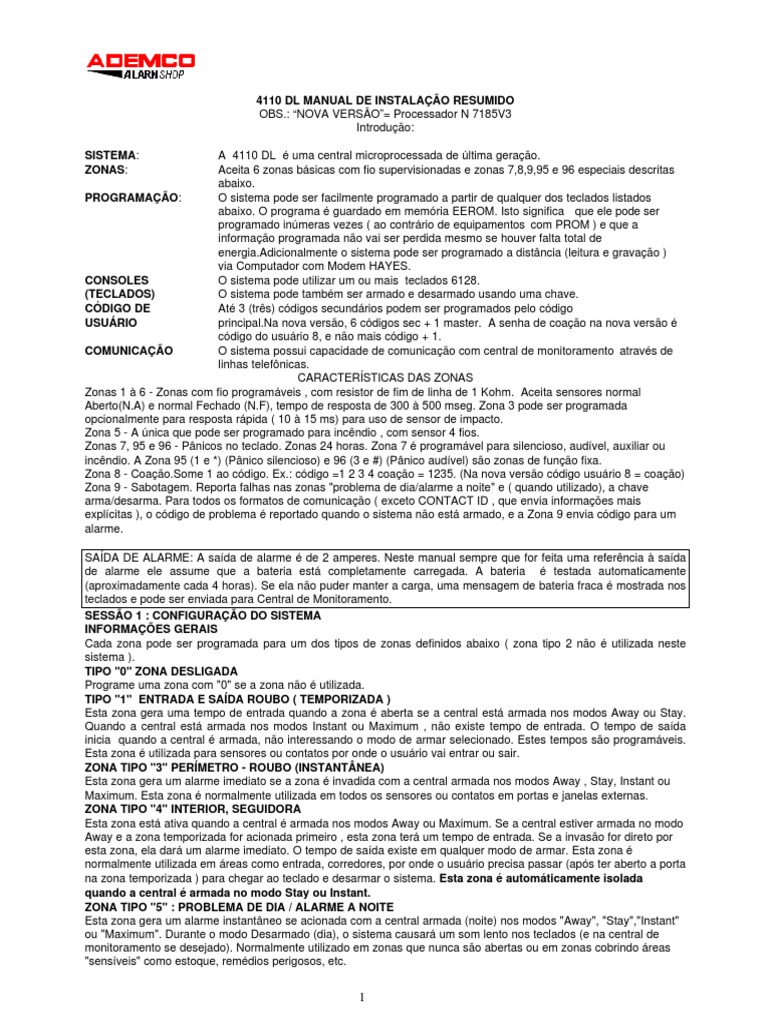 Placa Central Ademco 4110 | PDF | Teclado de computador | Corrente ...