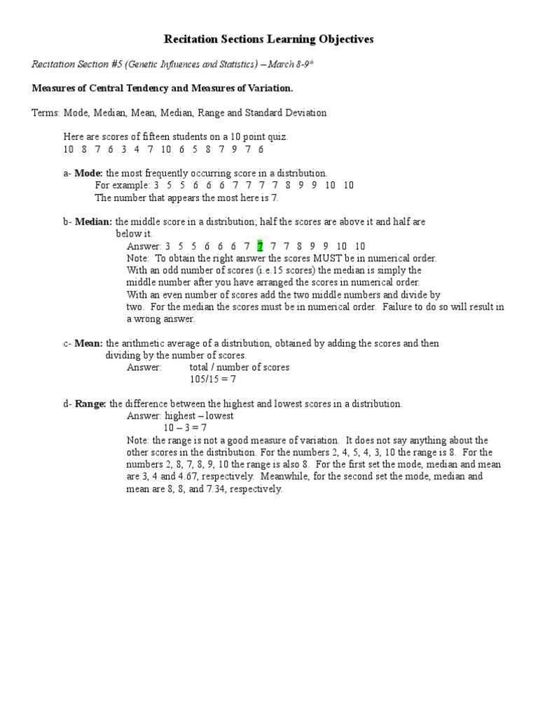 Recitation Sections Learning Objectives: Measures of Central Tendency ...