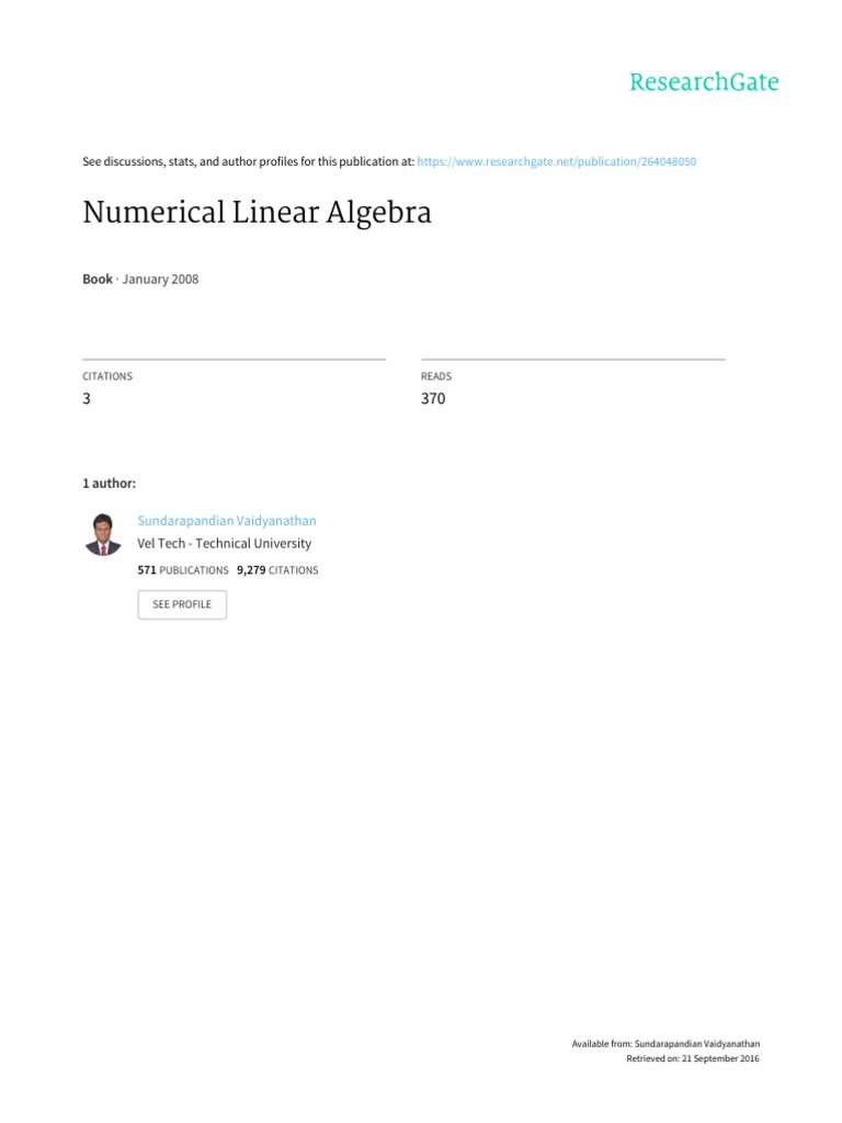Numerical Linear Algebra, by SUNDARAPANDIAN, V | PDF | Numerical Analysis | Linear Algebra