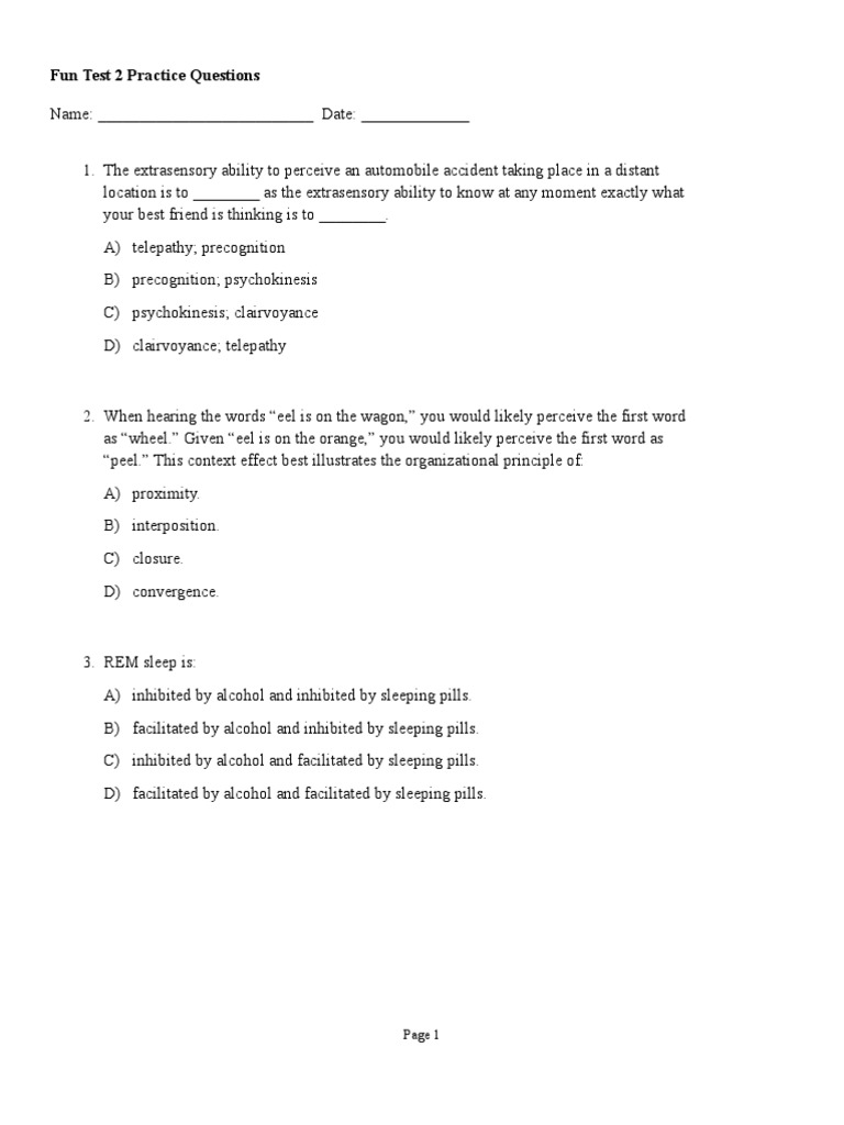 Psychology Test 2 Practice Questions | PDF | Perception | Sleep