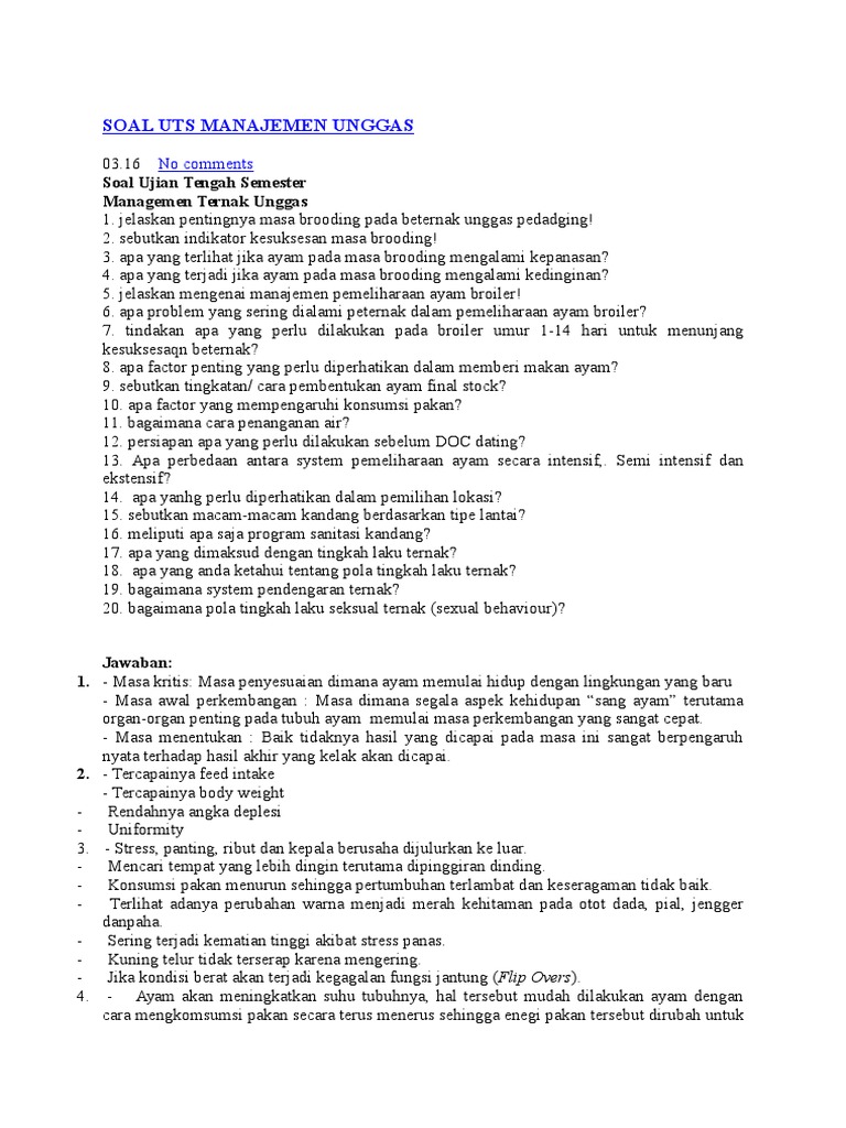 Soal Uts Manajemen Unggas | PDF