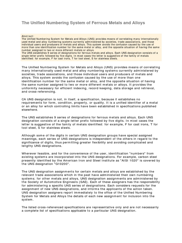 UNS Ferrous Metals and Alloys | PDF | Steel | Alloy