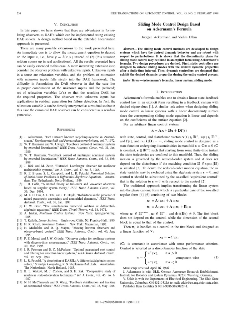 Sliding Mode Control Design Based On Ackermann's Formula PDF | PDF | Stability Theory | Control ...