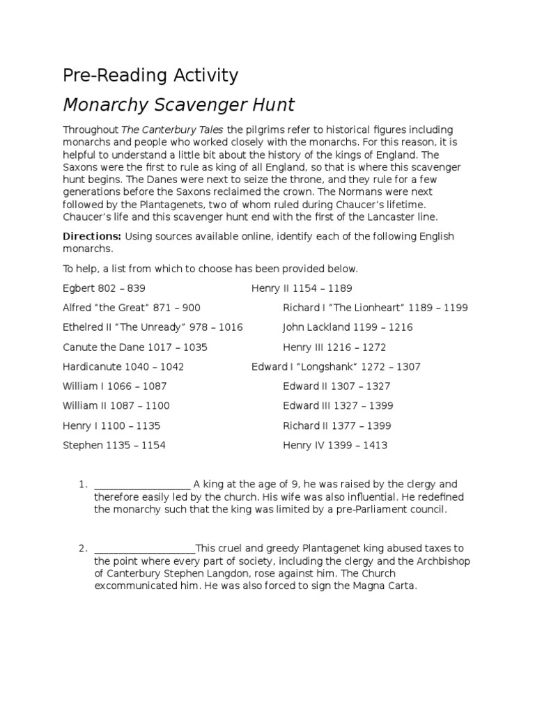 Monarchy Scavenger Hunt Guide | PDF | Kingdom Of England | House Of ...