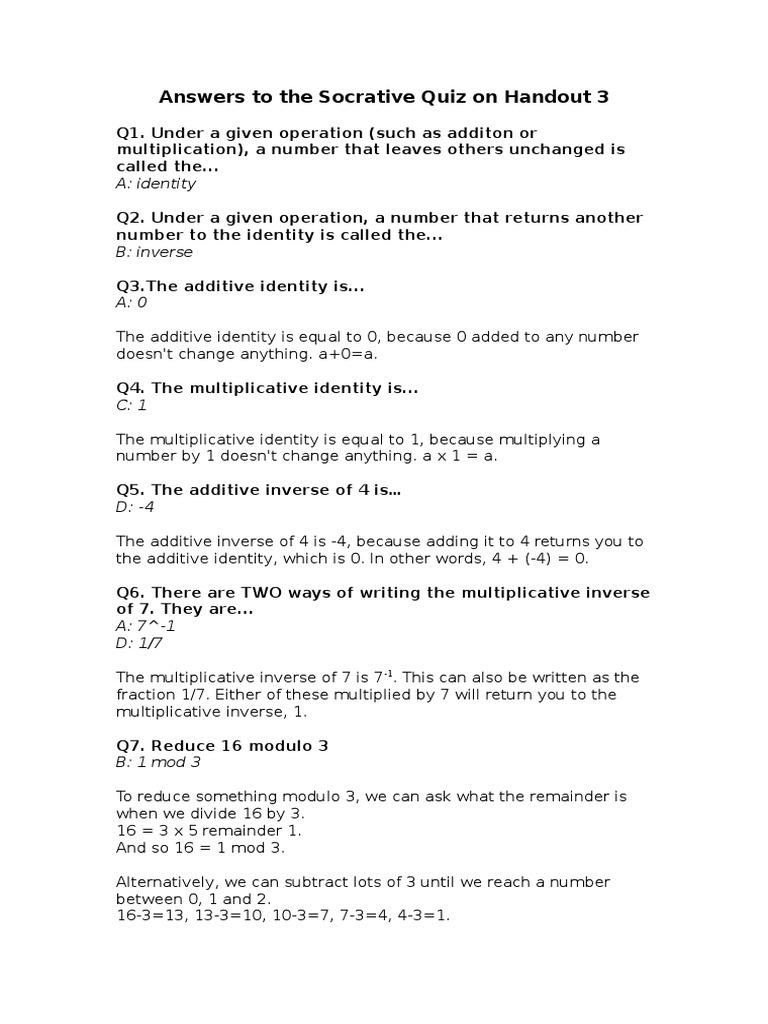 Socrative Quiz On Handout 3 | PDF | Multiplication | Mathematical Objects