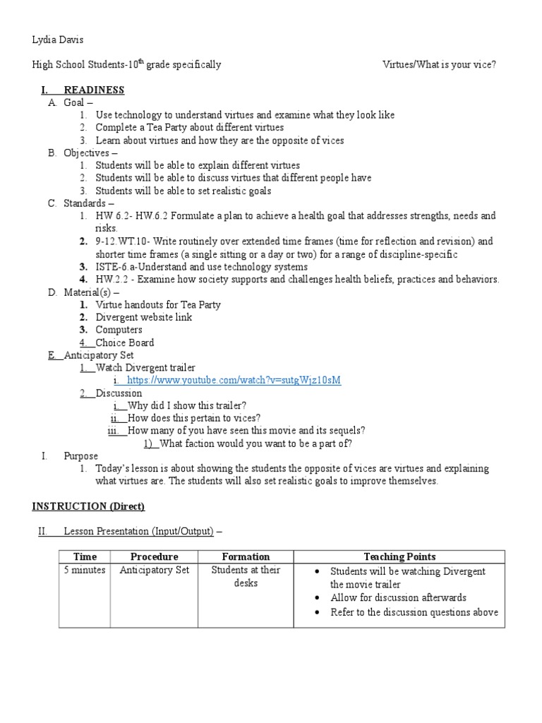 Virtue Lesson Plan-Day 6 of Vice Unit | PDF | Classroom | Virtue