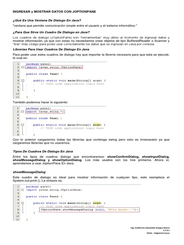 Ingresar y Mostrar Datos Con Joptionpane | PDF | Java (lenguaje de programación) | Ventana ...