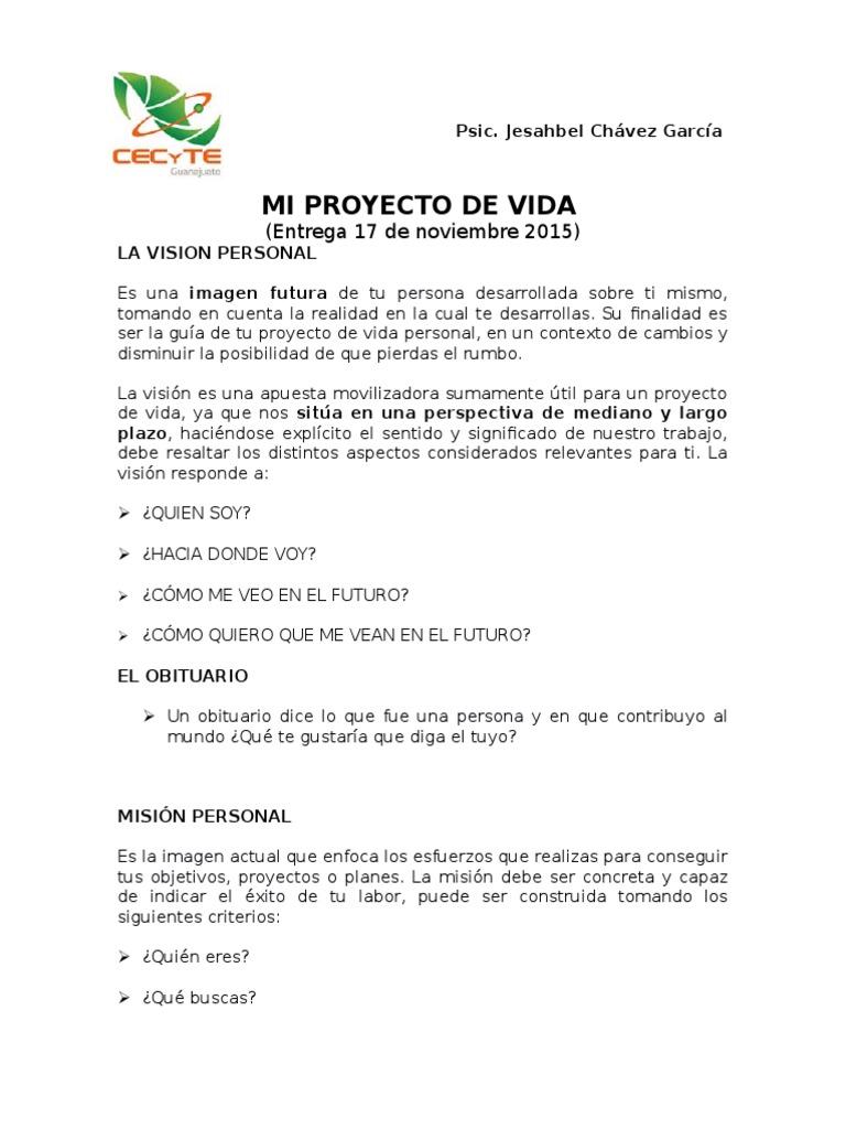 Proyecto de Vida Formato | PDF | Aprendizaje | Cognición