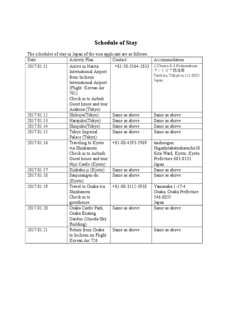 Schedule of Stay - Gabriel | PDF