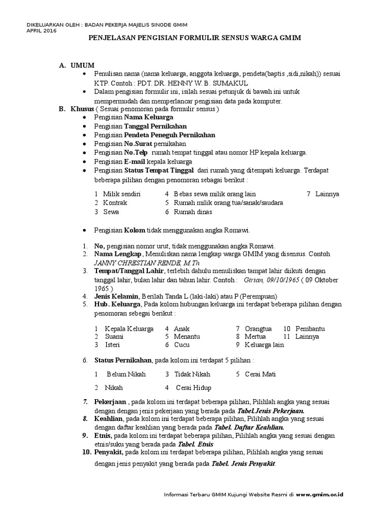 Penjelasan Pengisian Formulir Sensus Warga GMIM | PDF