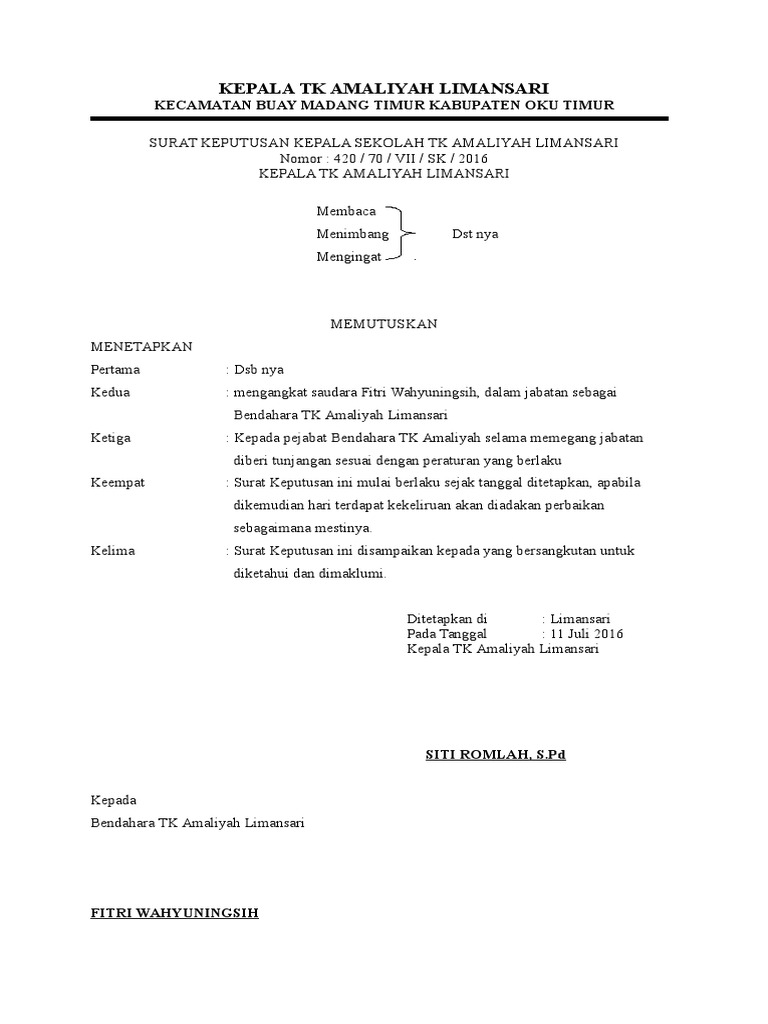 CONTOH SK Bendahara TK Amaliyah | PDF