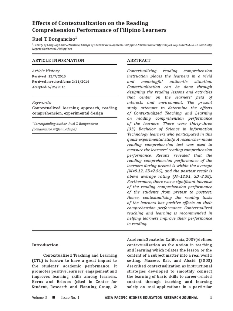 Effects of Contextualization On The Reading Comprehension Performance ...