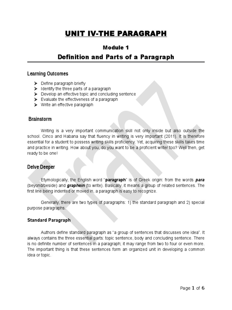 Definition and Parts of A Paragraph | PDF | Paragraph | Sentence ...