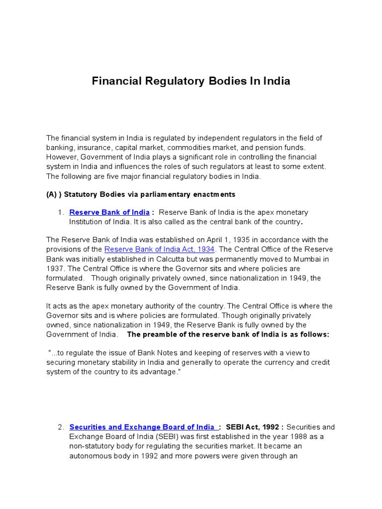Key Financial Regulators in India | PDF | Reserve Bank Of India ...
