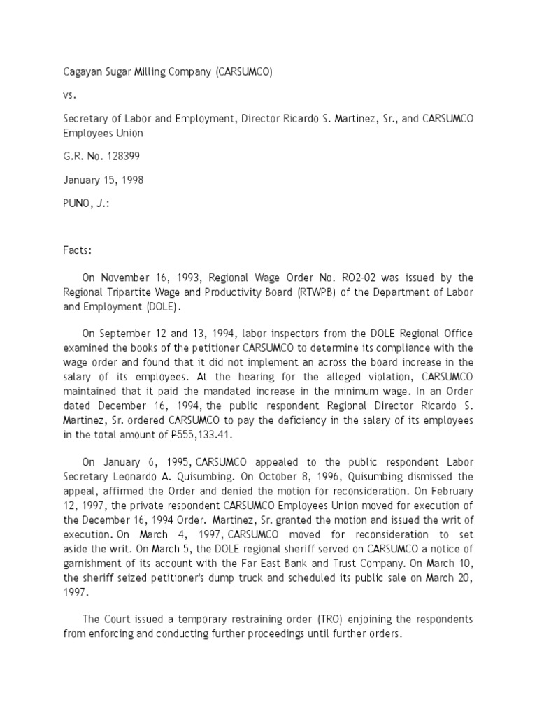 CARSUMCO Wage Order Compliance Case | PDF | Wage | Employment