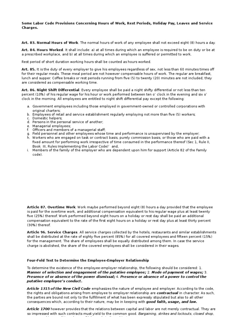 Labor Code Provisions | PDF | Overtime | Wage