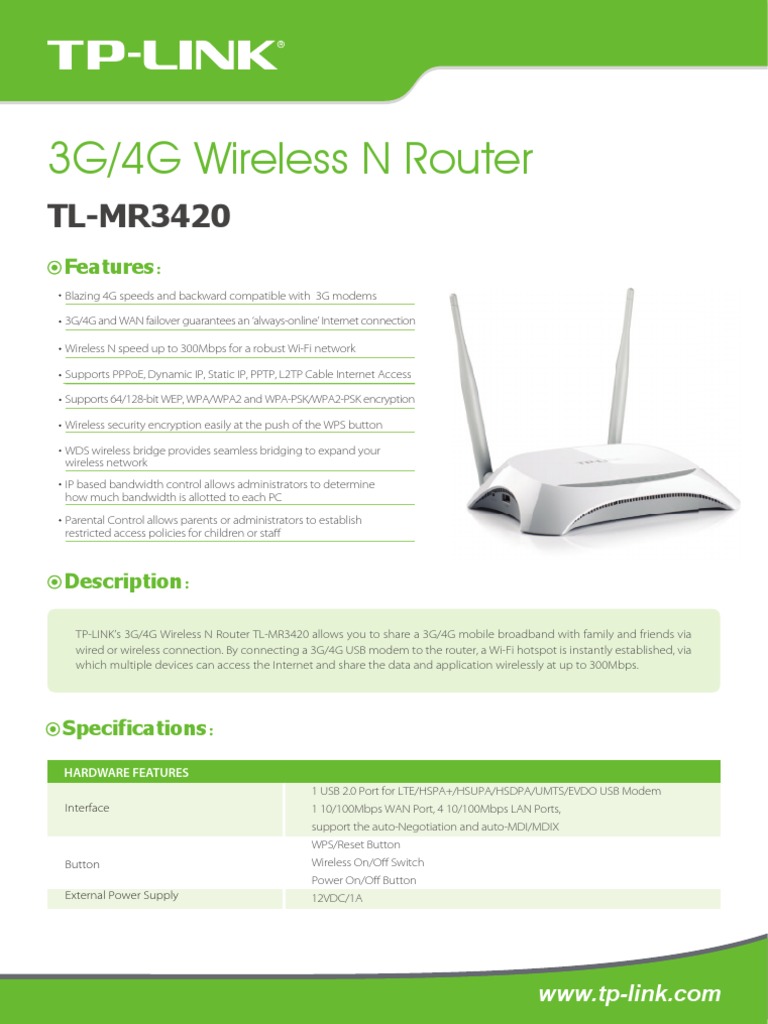 TL-MR3420 - V2.0 - Datasheet PDF | PDF | 4 G | Wi Fi