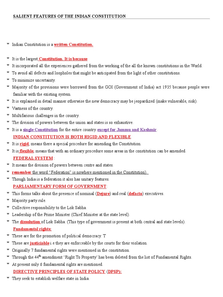 Indian Constitution Key Features | PDF | Government Of India | Constitution