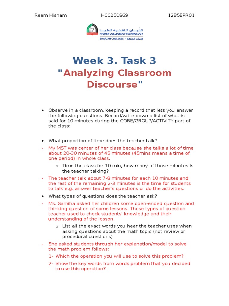 Task 3 Week 3 Pdf Teachers Classroom