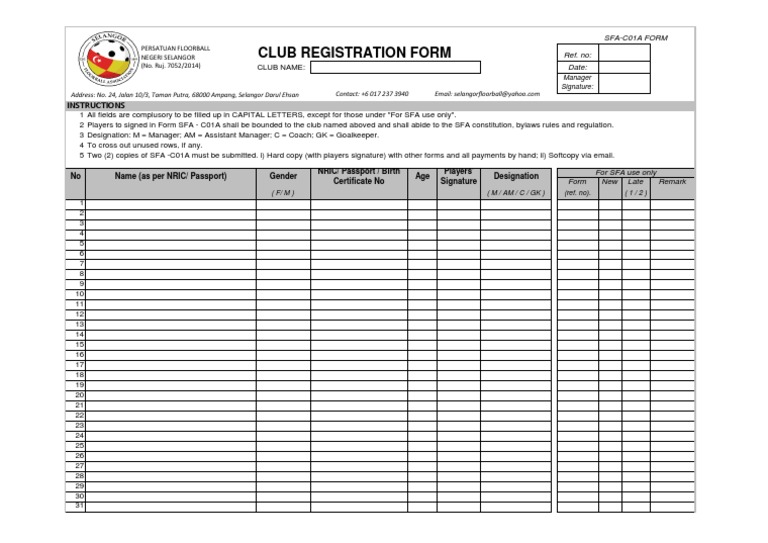 Sfa-C01a Club Register Player List Form | PDF