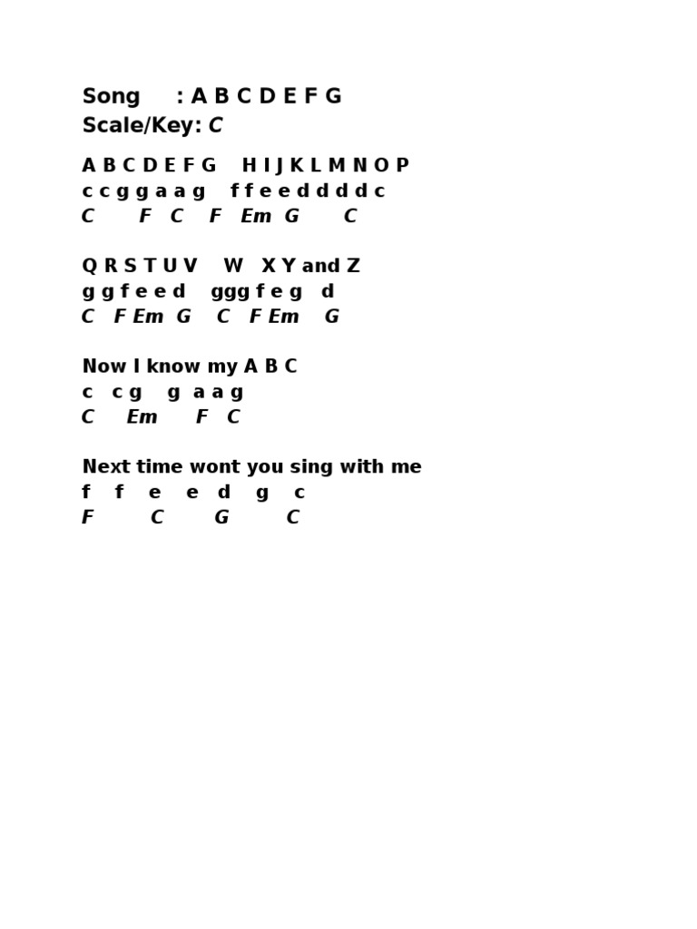 Song:Abcdefg Scale/Key: C: Abcdefg Hijklmnop Ccggaag Ffeeddddc | PDF