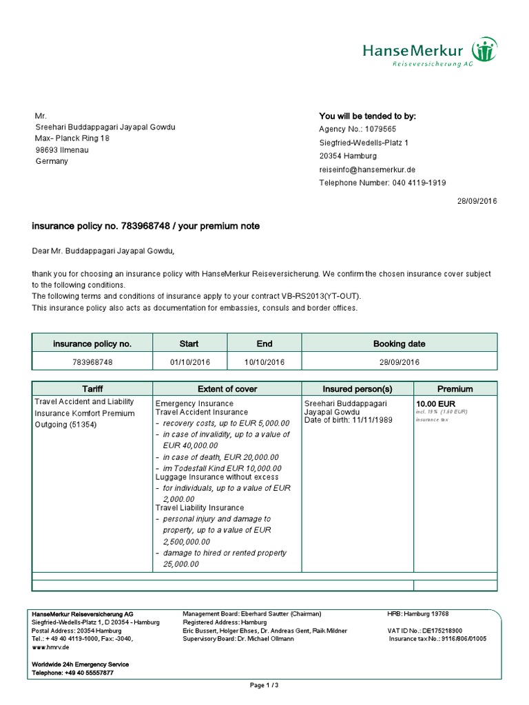 Travel Insurance Confirmation | PDF | Insurance | Financial Risk
