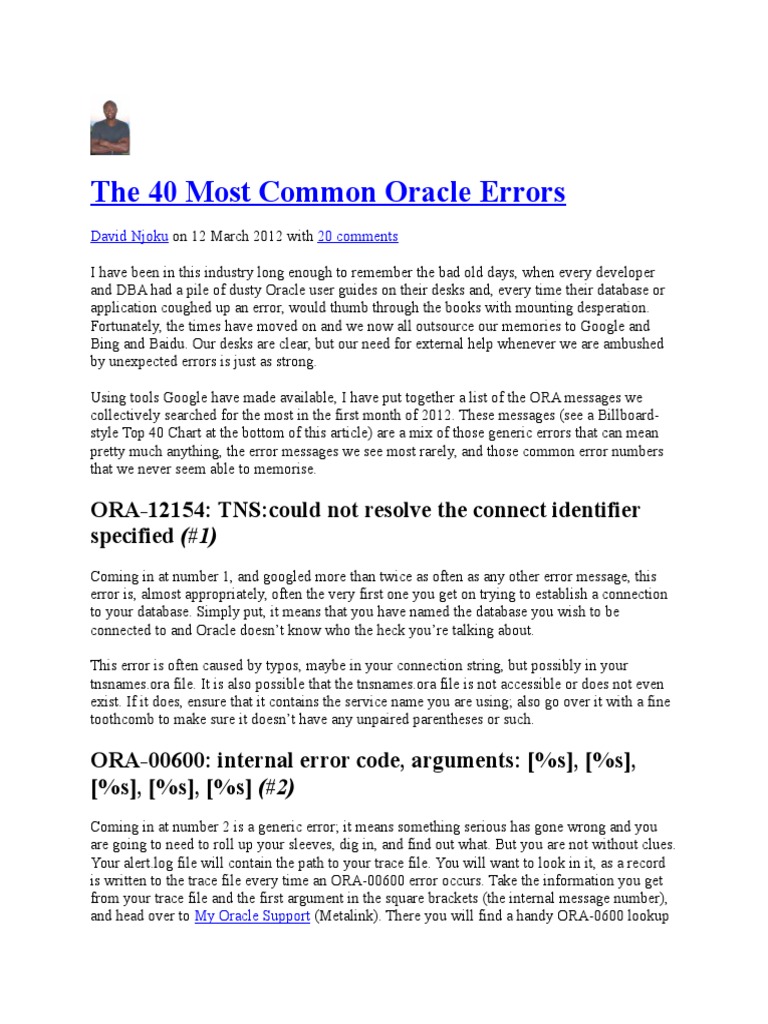 The 40 Most Common Oracle Errors | PDF | Oracle Database | Operating System