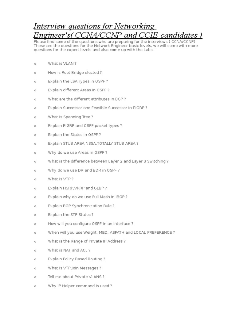 Interview Questions For Networking Engineer | PDF
