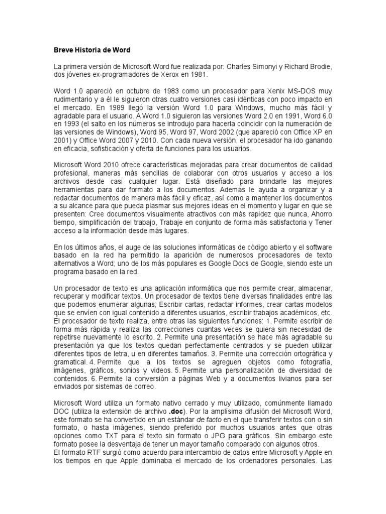 Breve Historia de Word | Microsoft Word | Áreas de informática | Prueba ...
