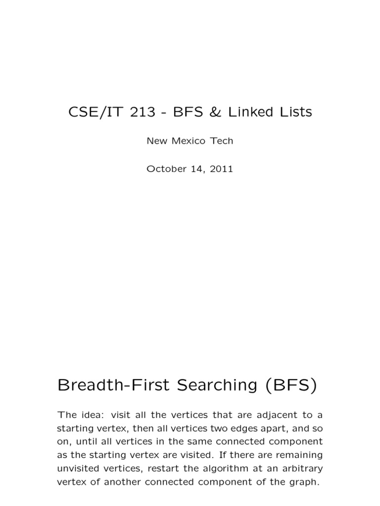 CSE/IT 213 - BFS & Linked Lists: New Mexico Tech | PDF | Algorithms And Data Structures ...