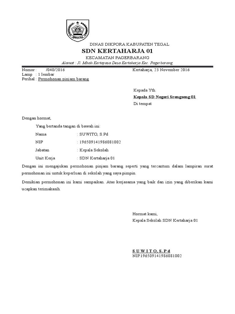 Surat Permohonan Pinjam Barang | PDF